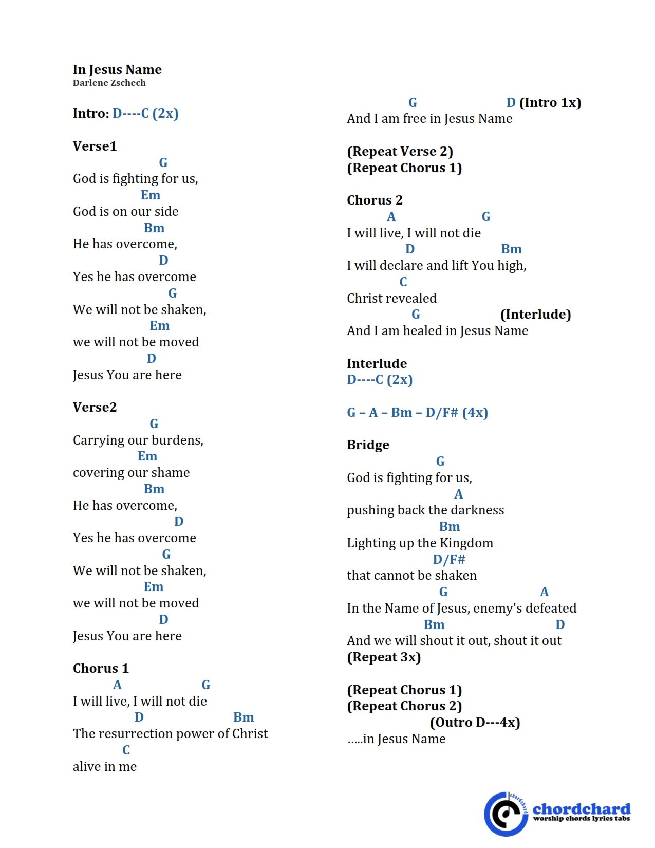 In Jesus Name Free Chords Lyrics by Darlene Zschech