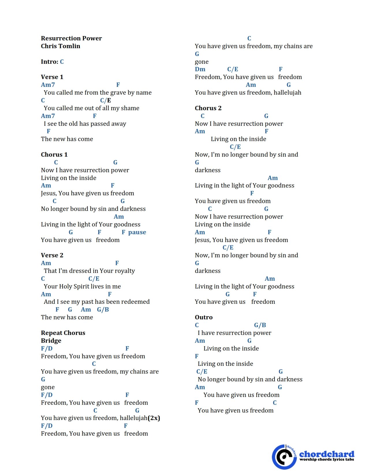 Resurrection Power Free Chords Lyrics by Chris Tomlin