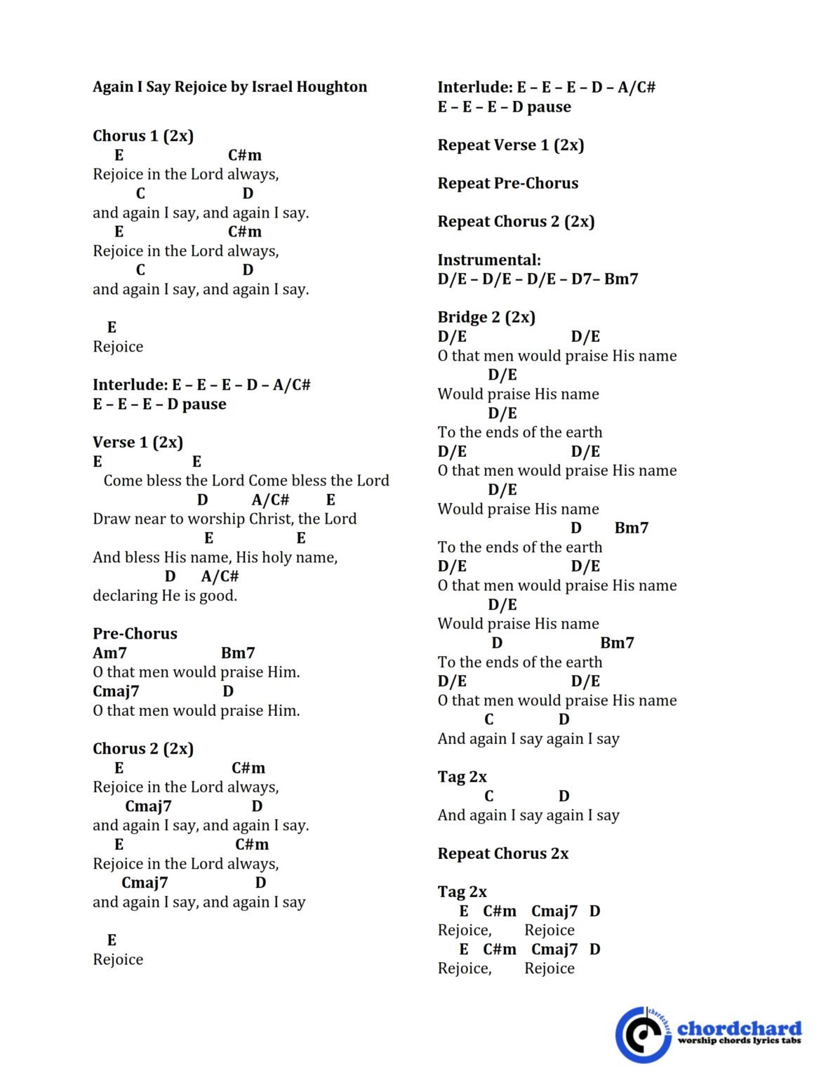 Again I Say Rejoice Free Uplifting Chords Israel Houghton