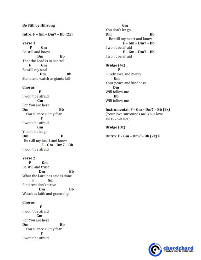 Be Still Easy to Play Chords Lyrics by Hillsong Worship