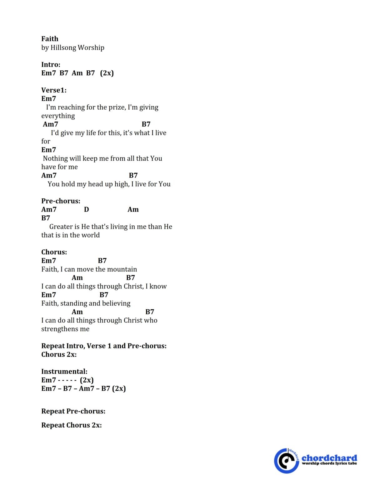 Faith Free Chords and Lyrics by Hillsong Worship