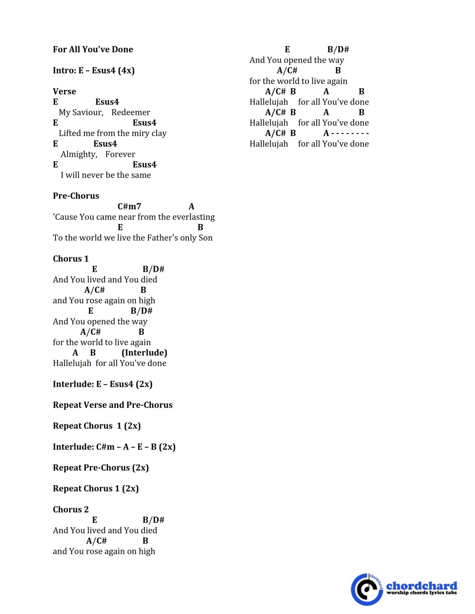 For All You’ve Done by Hillsong Chords and Lyrics - chordchard.com ...