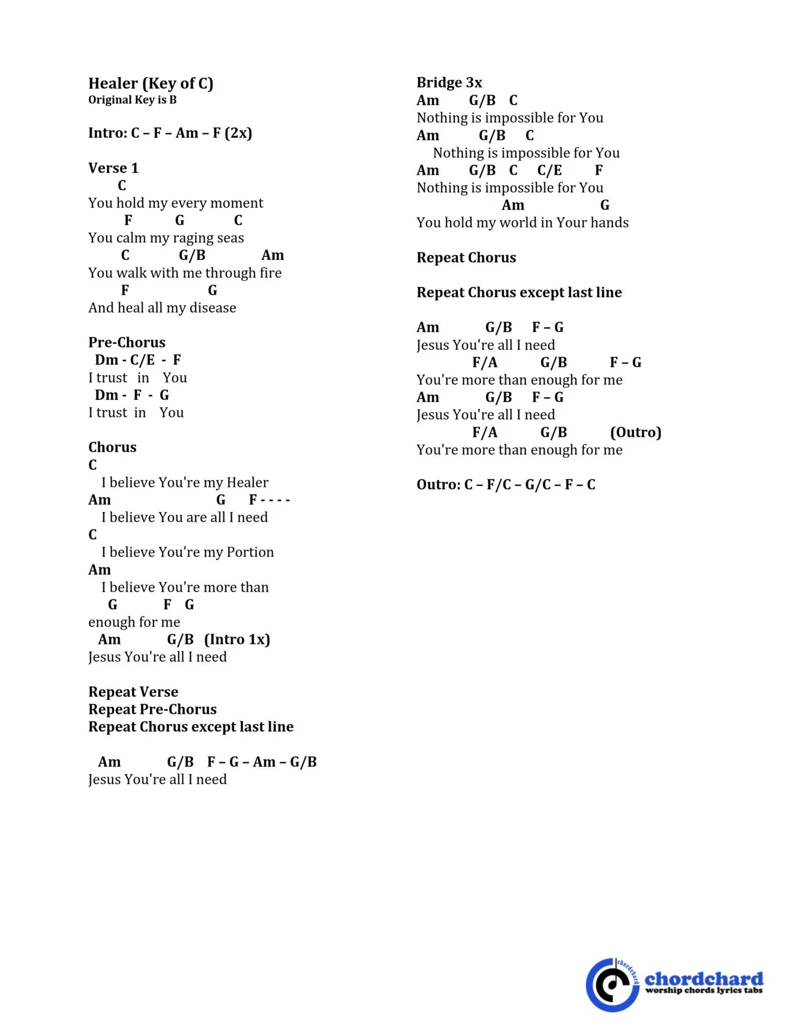 Healer by Hillsong Chords and Lyrics - chordchard.com - Worship Songs ...