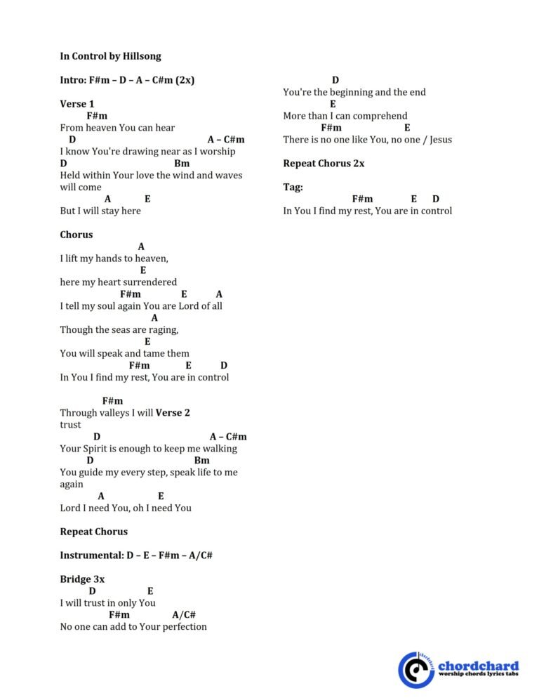 In Control Free Chords and Beautiful Lyrics by Hillsong