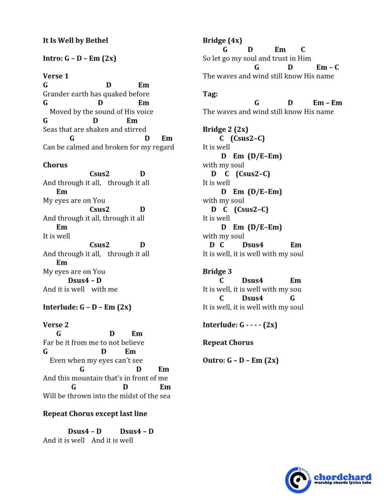 It Is Well by Bethel Chords and Lyrics - chordchard.com - Worship Songs ...