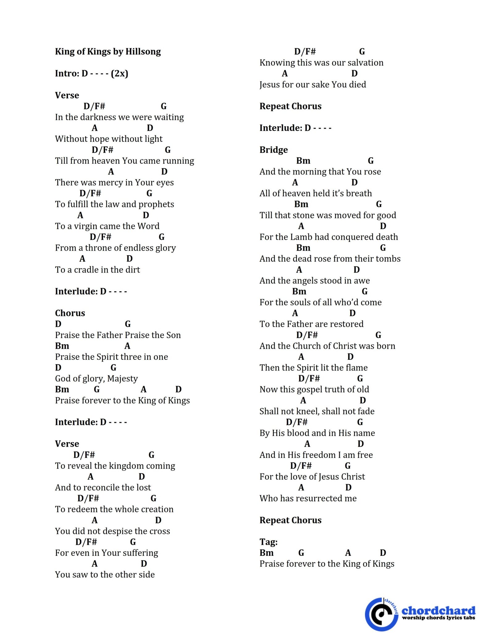 King of Kings by Hillsong Chords and Lyrics - chordchard.com - Worship ...