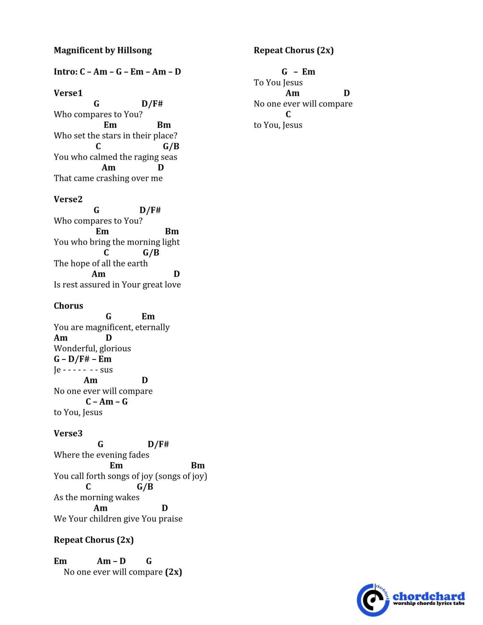 Magnificent by Hillsong Chords and Lyrics - chordchard.com - Worship ...