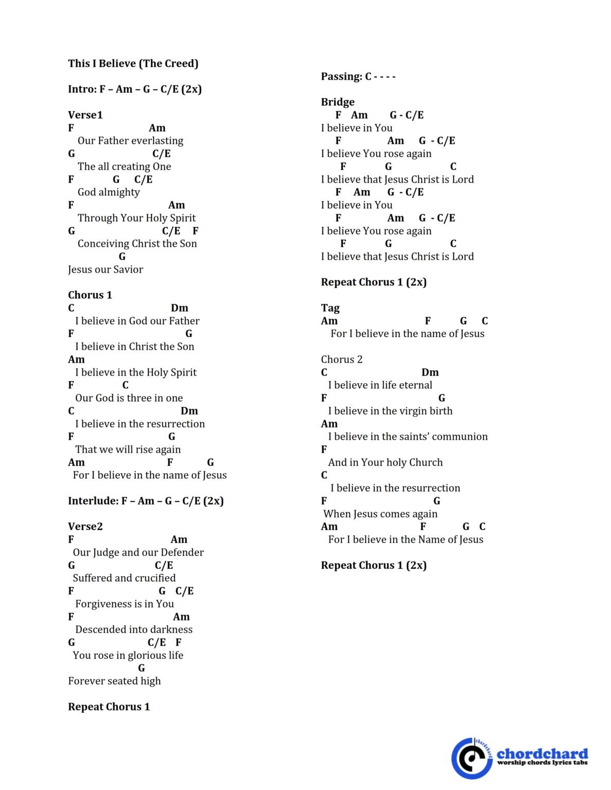This I Believe Free Chords and Lyrics by Hillsong Worship
